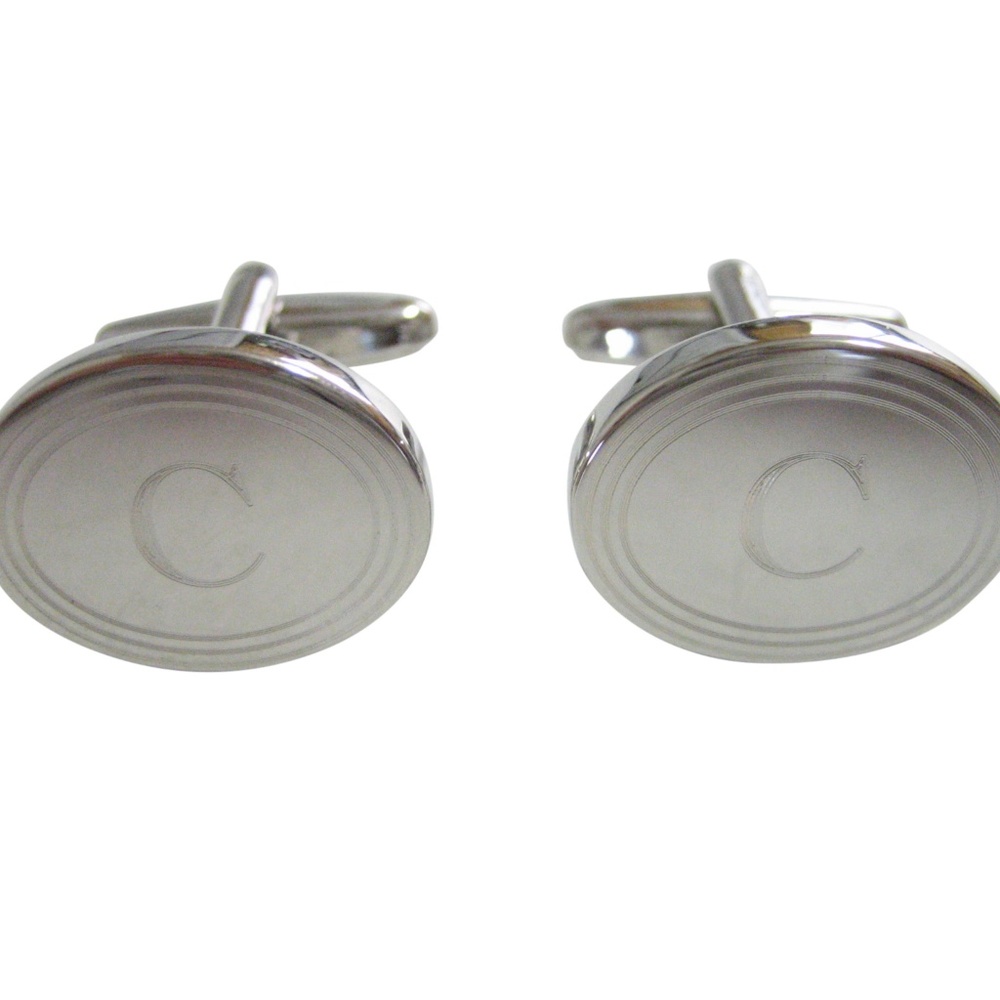 Silver Toned Etched Oval Letter C Monogram Cufflin - Gem